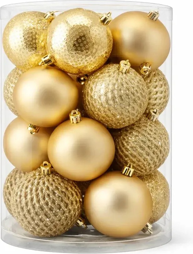 Sada vánočních ozdob zlatá 8 cm plastové baňky, 4× vrásková, 4× matná, 4× glitter, balení 16 ks