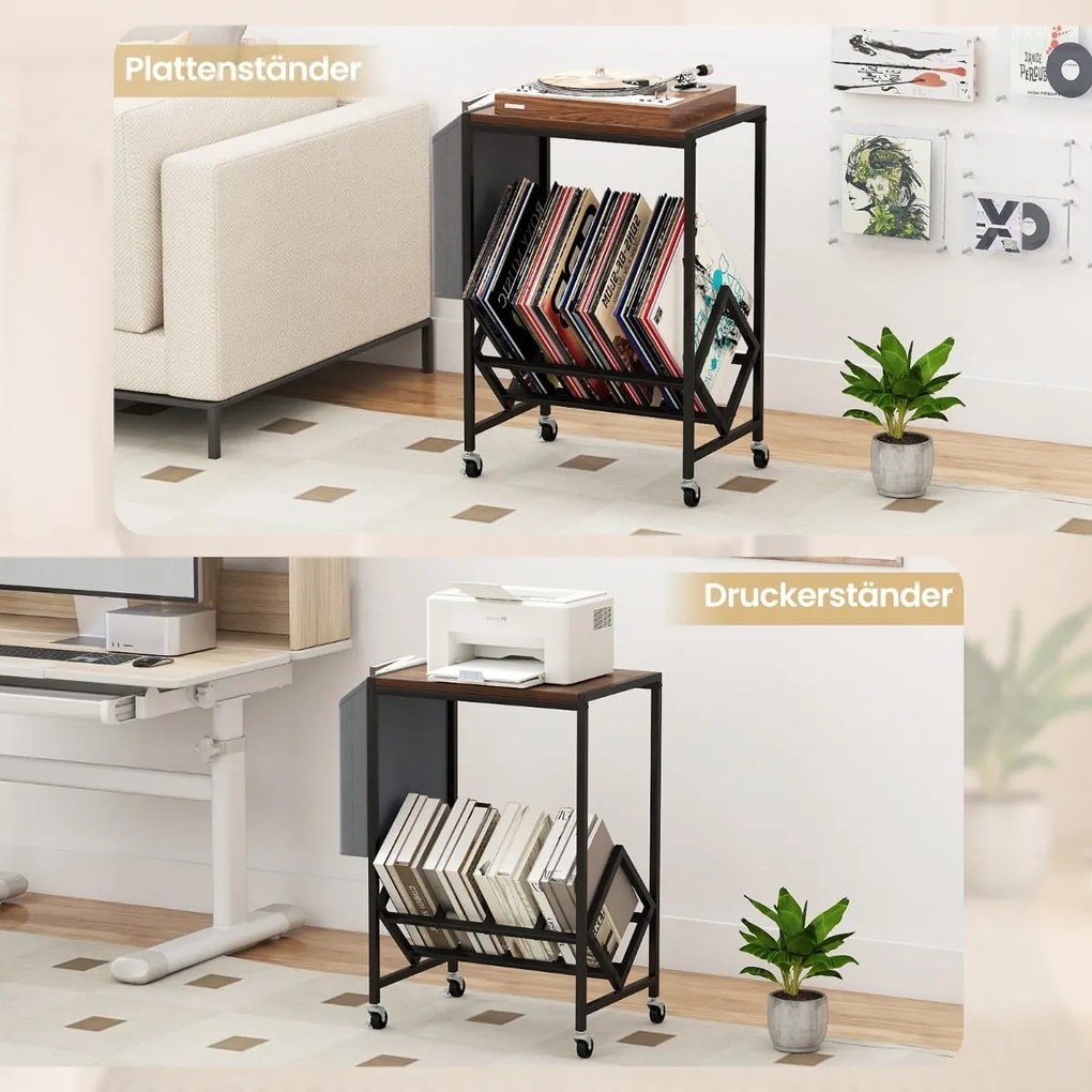 Costway Pojízdný stolek na gramofon s držákem časopisů, hnědý