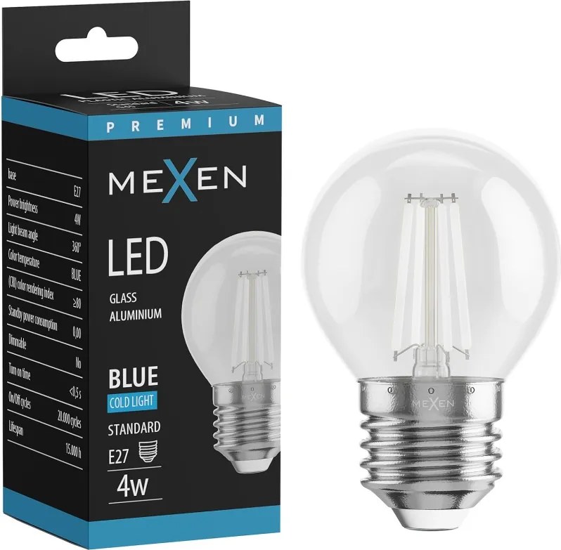 Mexen Vintis, LED filamentová žárovka E27, G45, 4 W, modrá, čirá, L156-E27-04XX-47