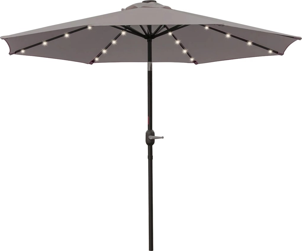 Outsunny Zahradní Slunečník Ø265 cm s 32 Solárními LED Světly, Ocelový Sloupek a Kloubový Mechanismus pro Šedou Terasu