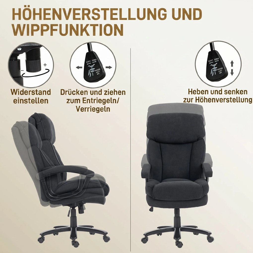 HOMCOM ergonomická kancelářská židle s vysokým opěradlem (nosnost 200 kg) – látka vzhled lnu, nastavitelná výška, houpání, široké sedadlo, černá