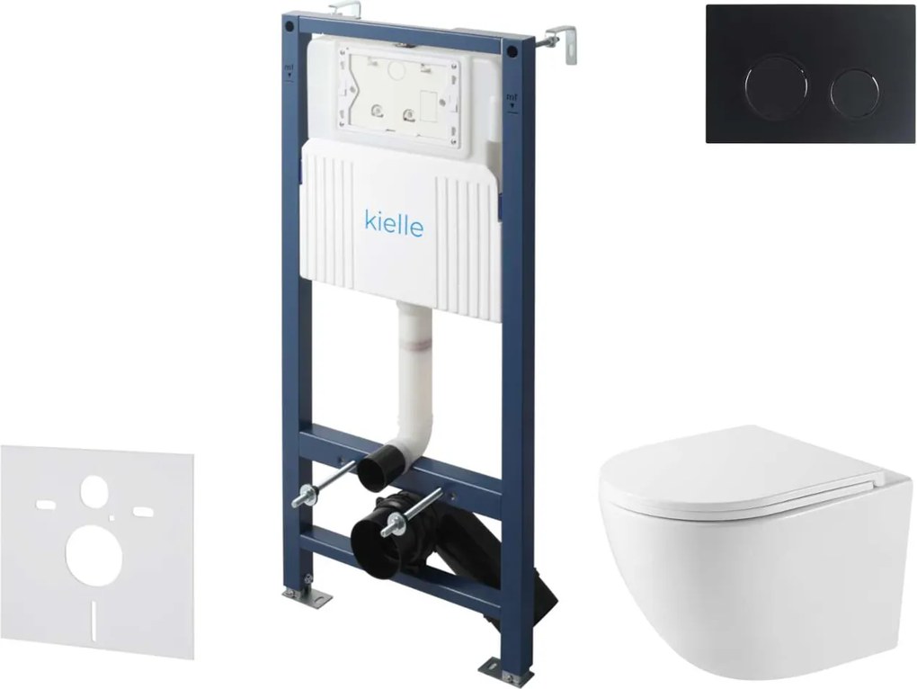 kielle Genesis New - Set předstěnové instalace, kompaktního klozetu Oudee, Vortex Rimless+, sedátka softclose a tlačítka Gemini New II, matná černá 30528SS42