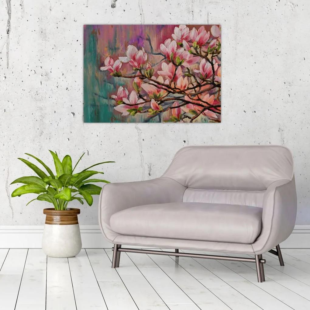 Skleněný obraz - Olejomalba, Rozkvetlá sakura (70x50 cm)