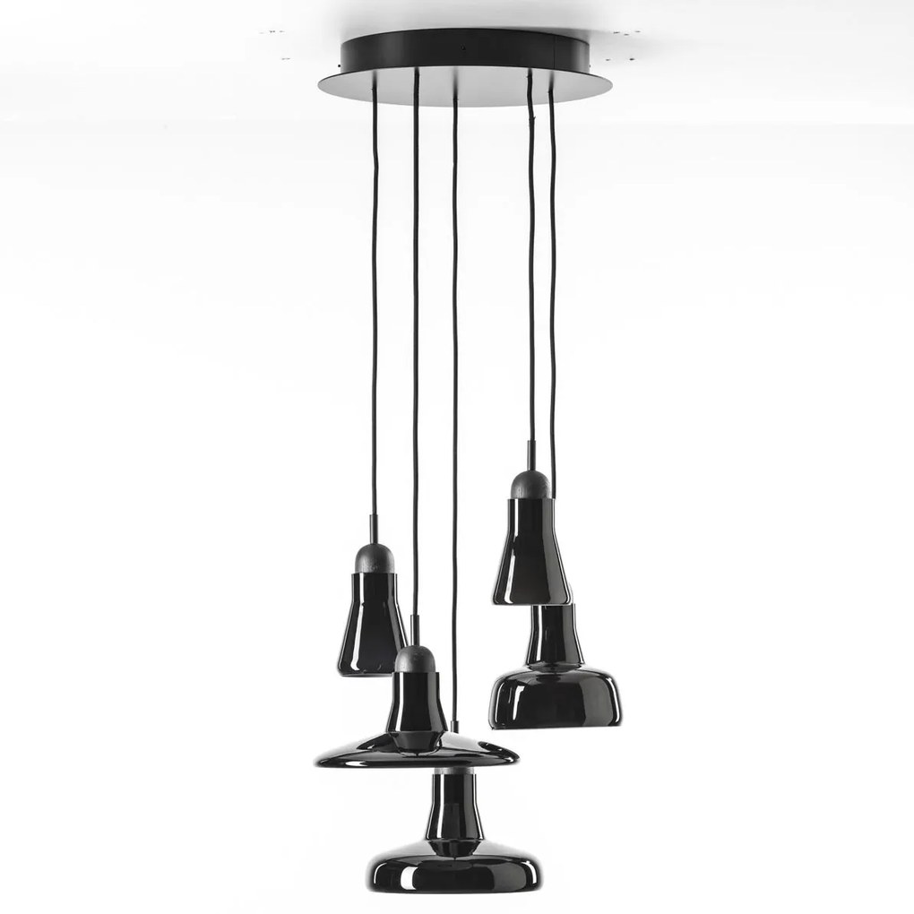 Brokis PC929 Shadows set ring canopy, závěsné svítidlo z foukaného skla, lesklé černé sklo - černý dub - černý kabel, 5x5W LED 2700K dim, prům. 40cm