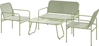 Outsunny venkovní ratanový lounge set pro 4 osoby, 2místná pohovka, 2 křesla, stůl z tvrzeného skla, ocelový rám, zelený