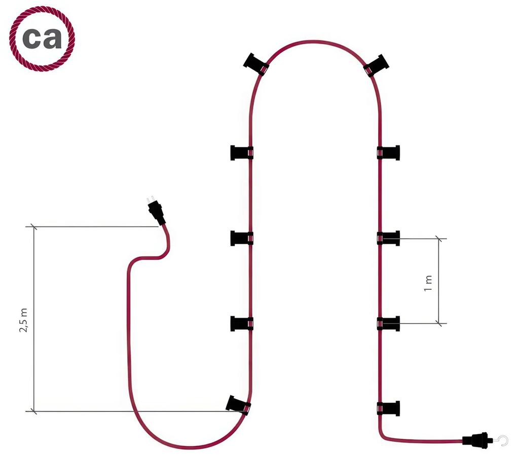 creative cables Hotový světelný řetěz LUMET 12,5 m je sestavený z 10 bílých objímek, háčku a zástrčky Barva kabelu: Červená - CM09