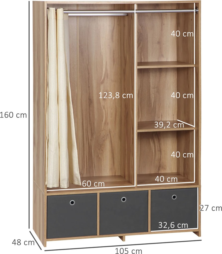 HOMCOM Skříň, šatna s závěsem, oblečení skříň, skříň s ramínkem, 3 oddíly a 3 vyjímatelné textilní zásuvky - 105 x 48 x 160 cm, přírodní dřevo