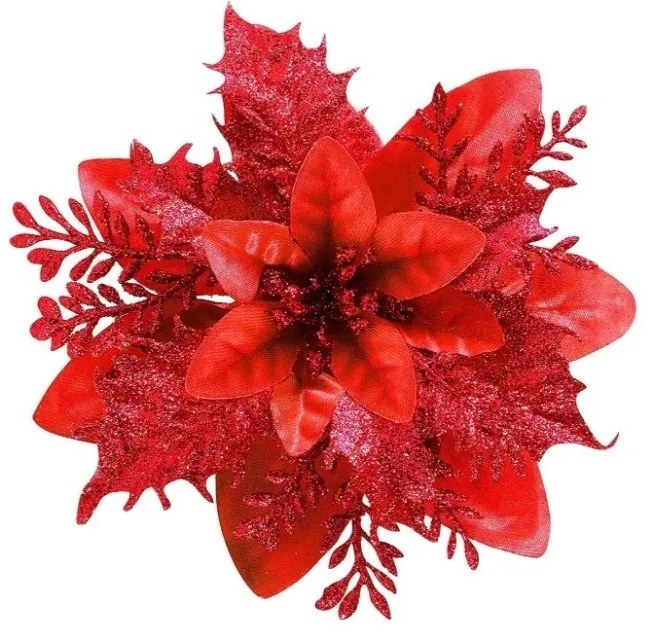 Flamenco Mystique Květina na vánoční stromek s klipem vánoce xxl 14 cm červený třpyt woz04cze.