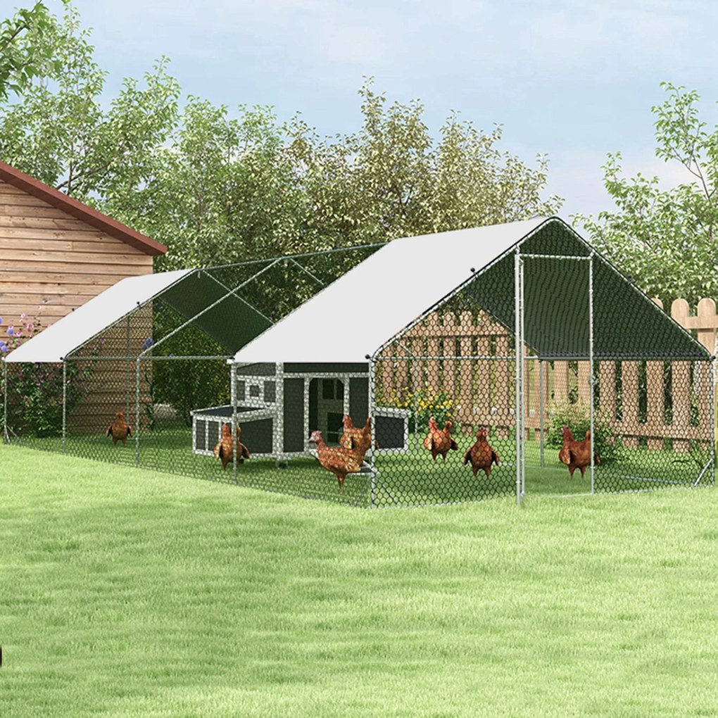 PawHut Velký venkovní kurník 24 m² pro 16-24 slepic 3x8x2 m Galvanizovaný ocelový kurník s PE krytem a zámkem - Stříbrný