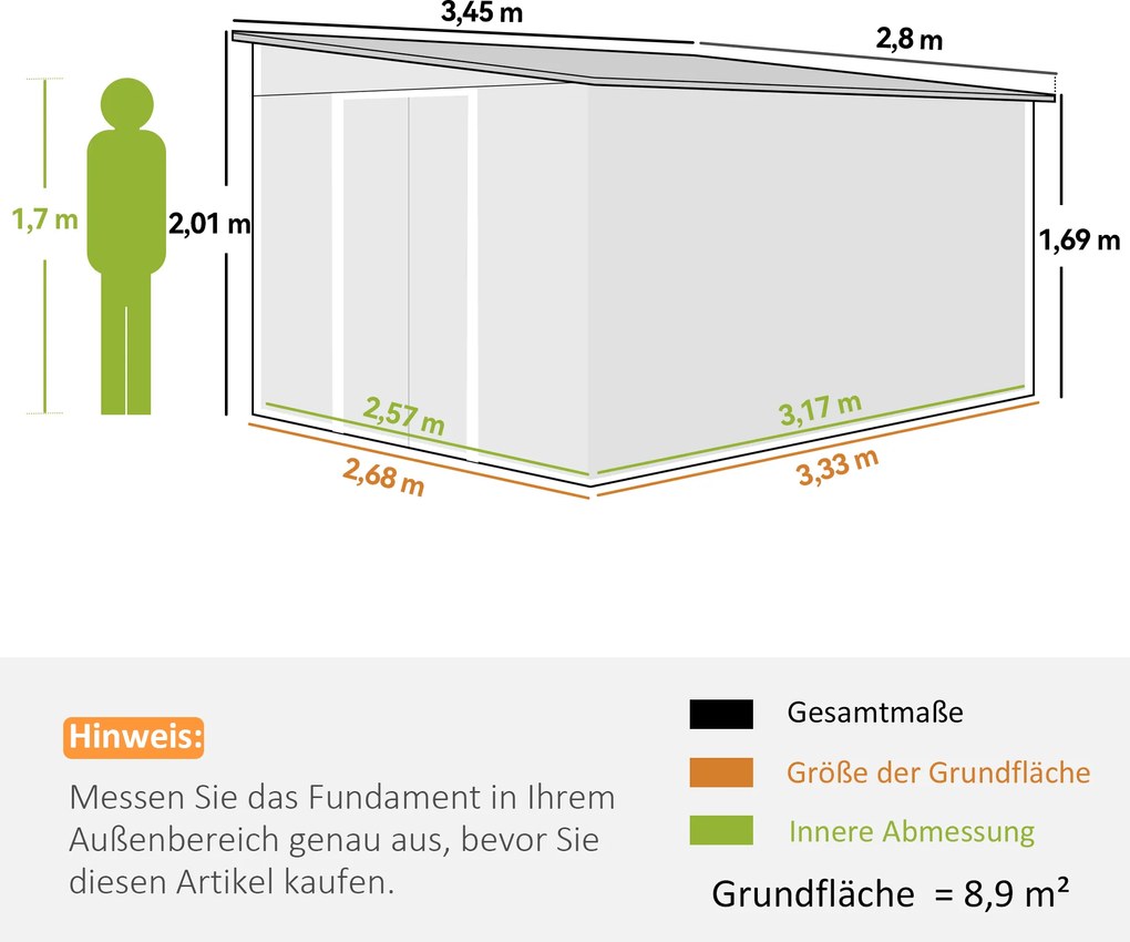 Outsunny přístřešek 8.9 ㎡ Ocelový zahradní přístřešek s jednoplášťovou střechou a posuvnými dveřmi, větrací otvory, 280x345x201cm, šedý| Aosom