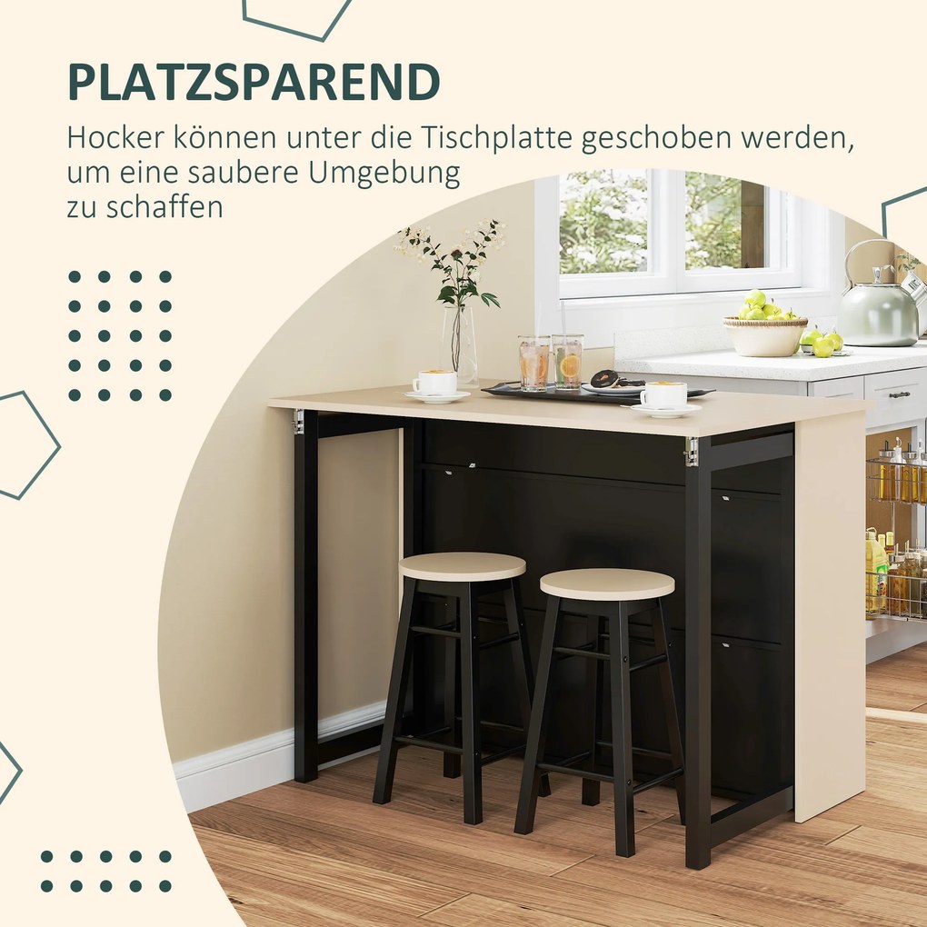 HOMCOM Barový stůl se soupravou barových židlí, souprava barového stolu pro 2 osoby, jídelní stůl se skládacím víkem, skříňka, 2 židle, opěrka nohou,…
