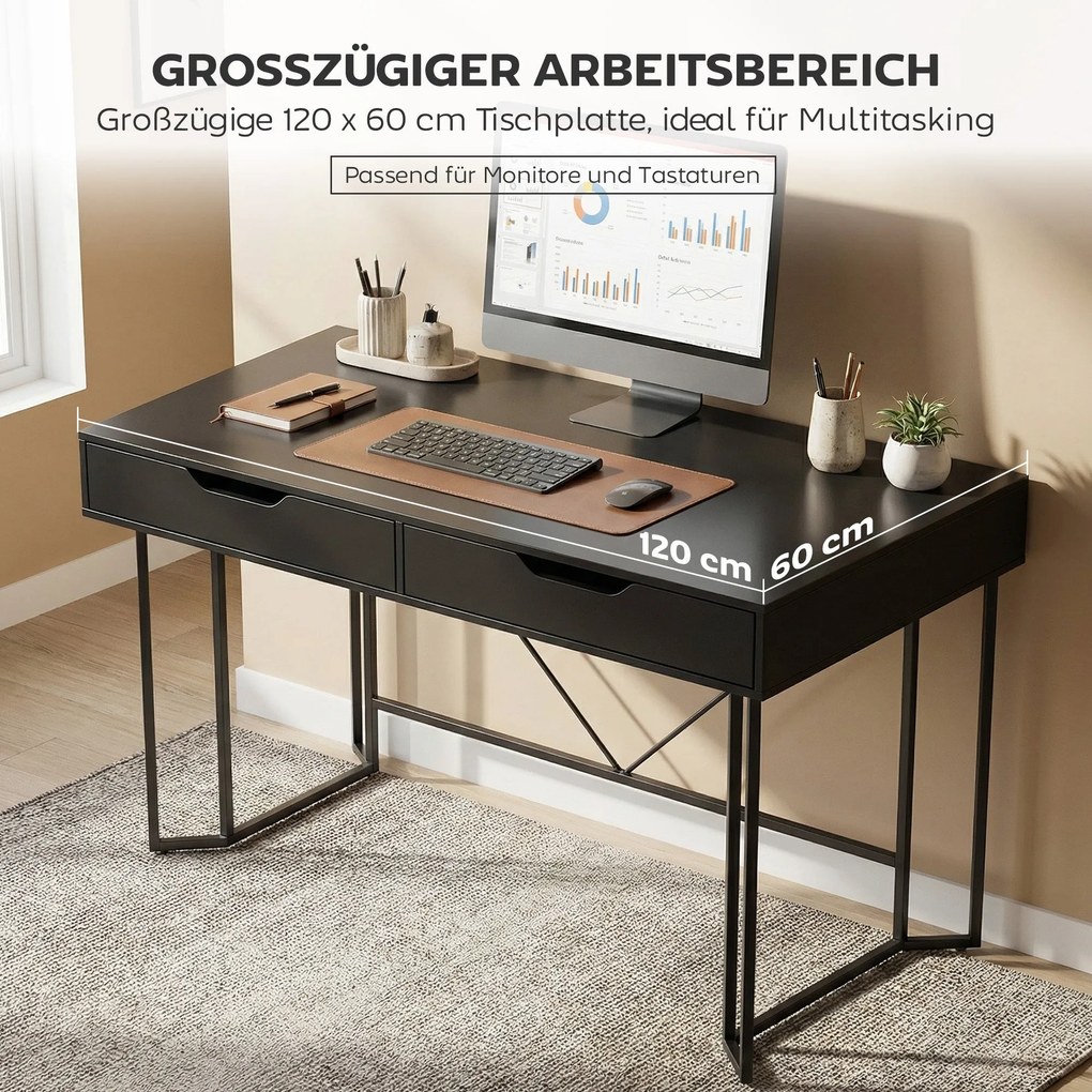 HOMCOM psací stůl s 2 zásuvkami, moderní design s kovovým rámem pro domácí kancelář a ložnici — 120 x 60 x 77 cm, černý
