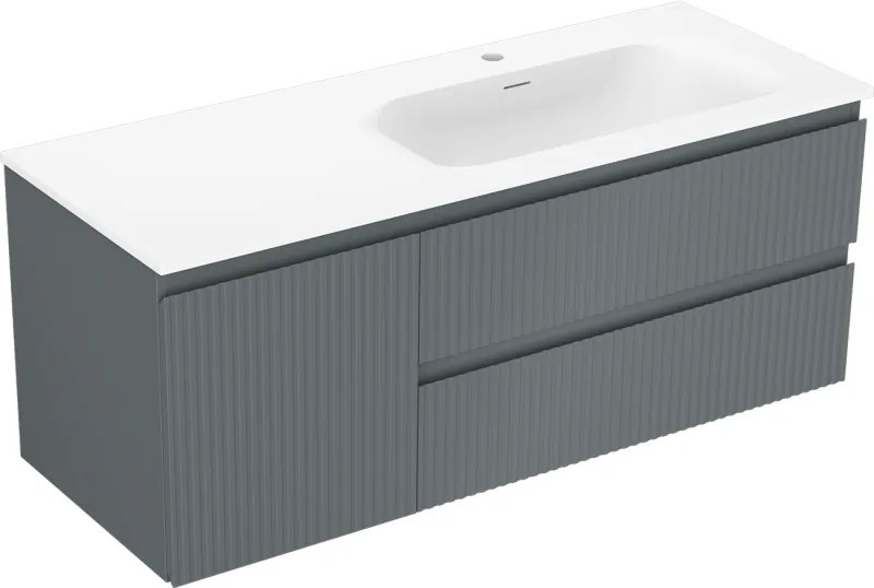 Mexen Rivel, koupelnová skříňka 120 cm s pravým umyvadlem Vela, 2S, 1D, drážkovaná, grafitová/bílá matná, 91A23-12047-3-BBFFF66-W23P01