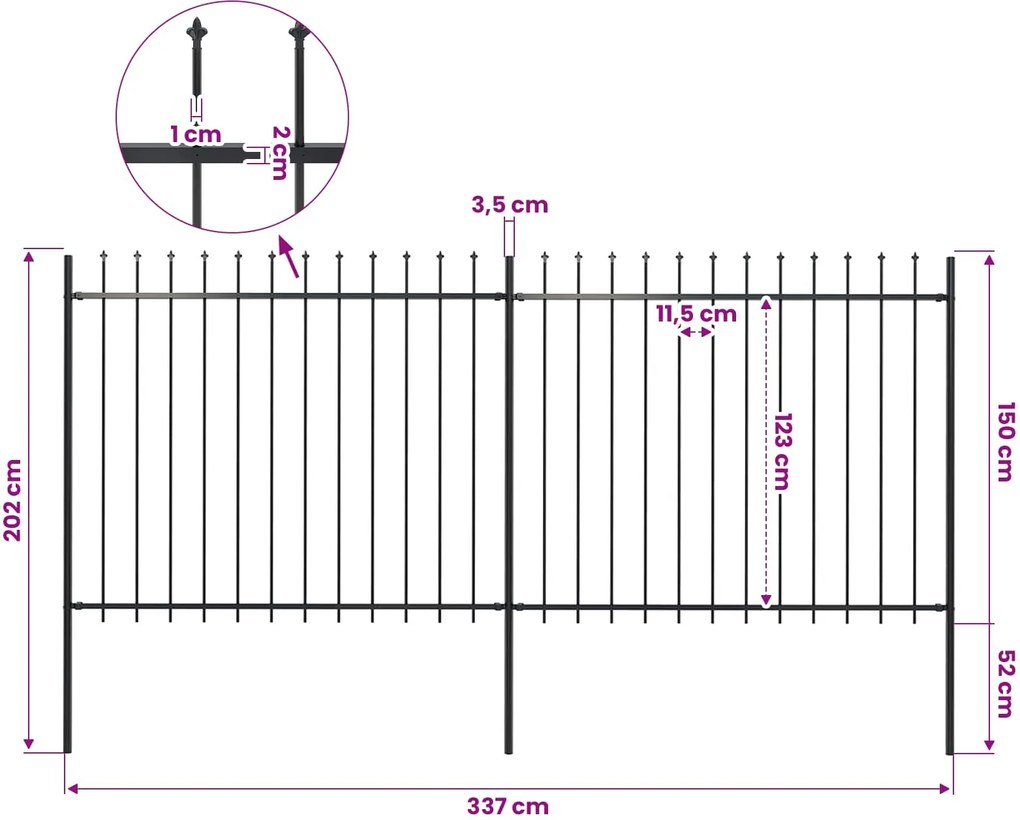 Zahradní plot s kopím nahoře ocelový 337 x 150 cm černý 277630