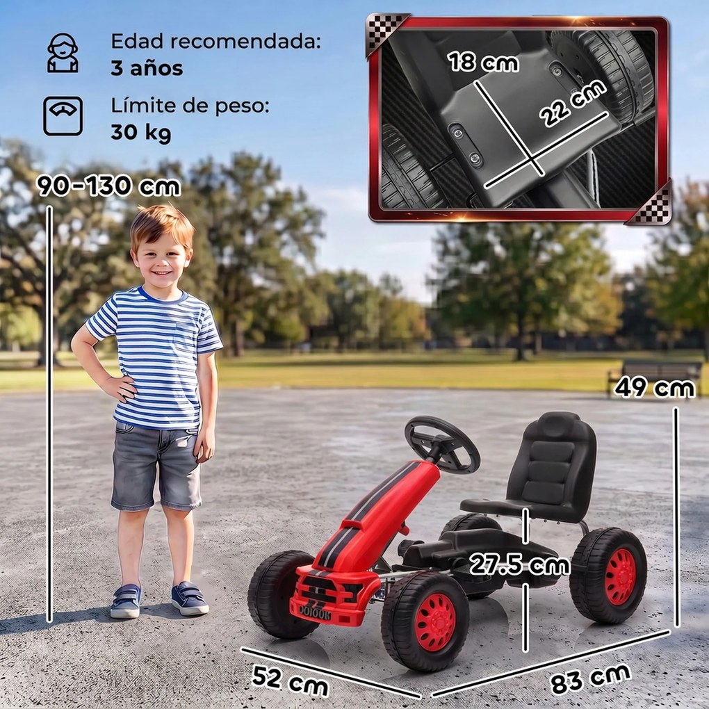 AIYAPLAY Go-Kart pro děti od 3 let s nastavitelným sedadlem, volantem, ruční brzdou, hliníkovým a ocelovým rámem, nosnost 30 kg, červený