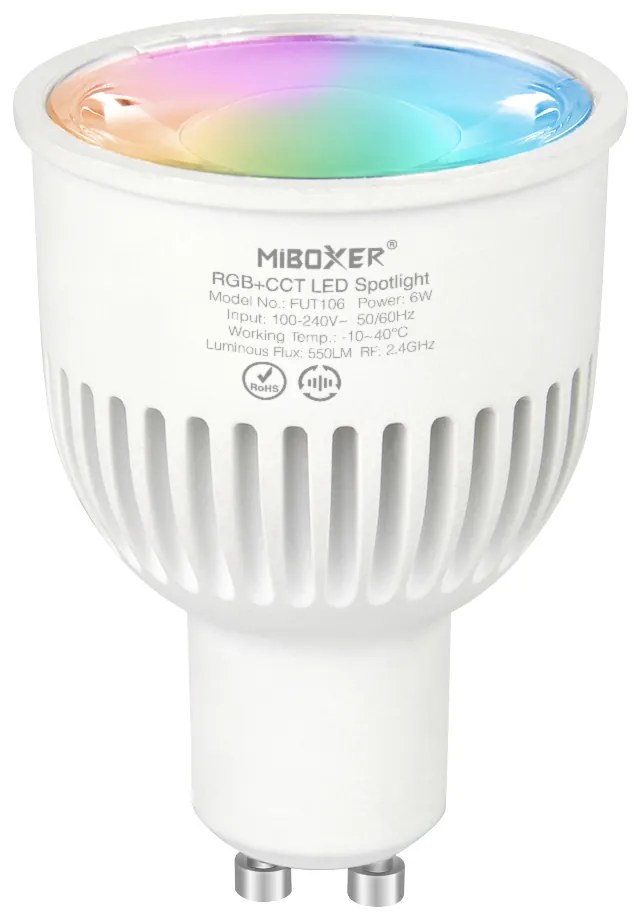 Miboxer LED stmívatelná žárovka GU10, RGB+CCT, 6W, 2.4GHz, FUT106