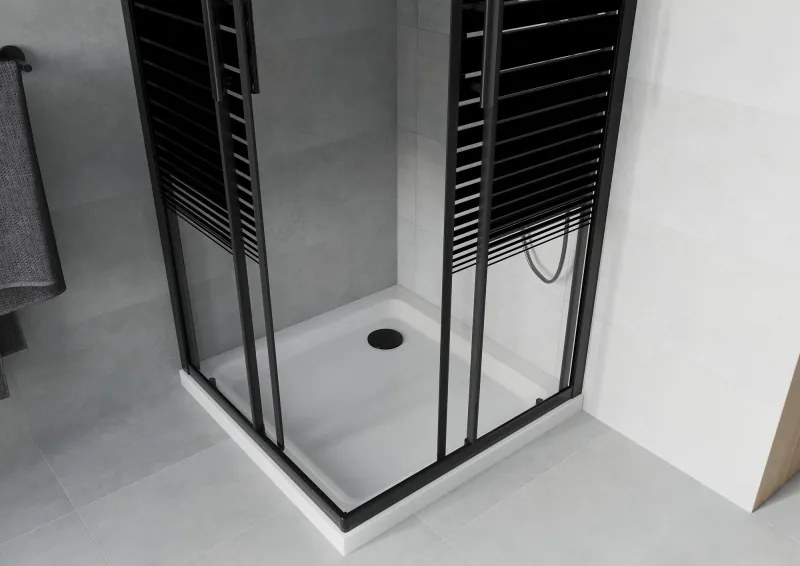 Mexen Rio, čtvercový sprchový kout s posuvnými dveřmi 70 (dveře) x 70 (dveře) x 190 cm, 5mm čiré sklo s pásky, černý profil + bílá sprchová vanička SLIM, 860-070-070-70-20-4010B