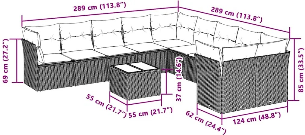 11dílná zahradní sedací souprava s poduškami šedá polyratan 3218252