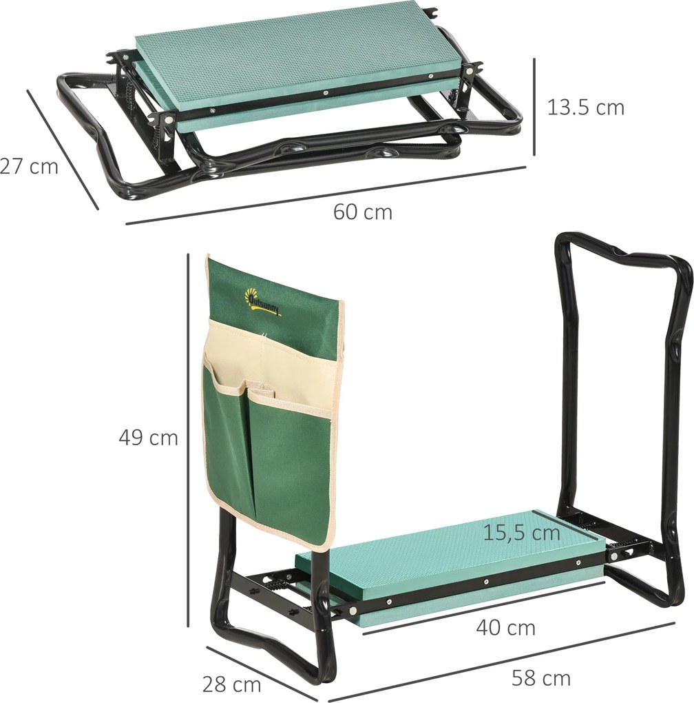 Outsunny kolenní lavice Skládací zahradní stolička 2 v 1 s brašnou na nářadí EVA pěna 58 x 28 x 49 cm pro zahradničení a rekreaci