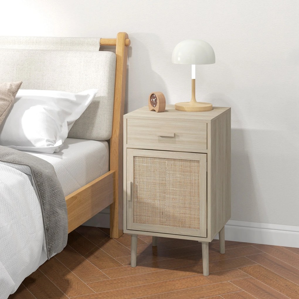 HOMCOM Set 2 nočních stolků s ratanovým šuplíkem a nastavitelnou policí do ložnice nebo obývacího pokoje 40x40x68,5 cm Dub