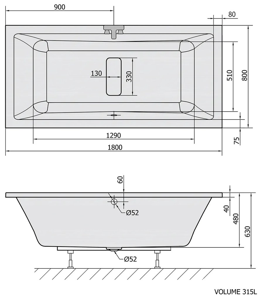 Polysan MARLENE obdélníková vana s konstrukcí 180x80x48cm, bílá, 72043