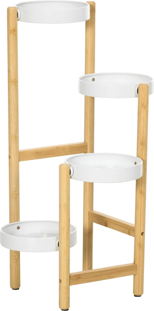 Outsunny bambusový stojan na květiny s 4 kulatými policemi, nosnost 20 kg pro vnitřní a venkovní použití Ø28x80 cm Přírodní a bílá
