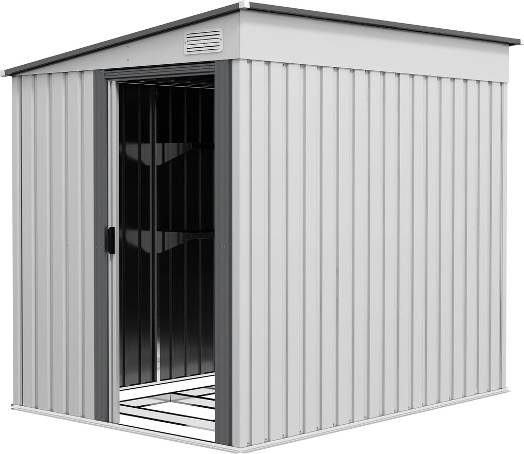 Zahradní kůlna Outsunny ze železa 1,5x2m se základem, se skládacími dveřmi, šikmou střechou, policemi, háčky a větracími otvory, bílá | Aosom