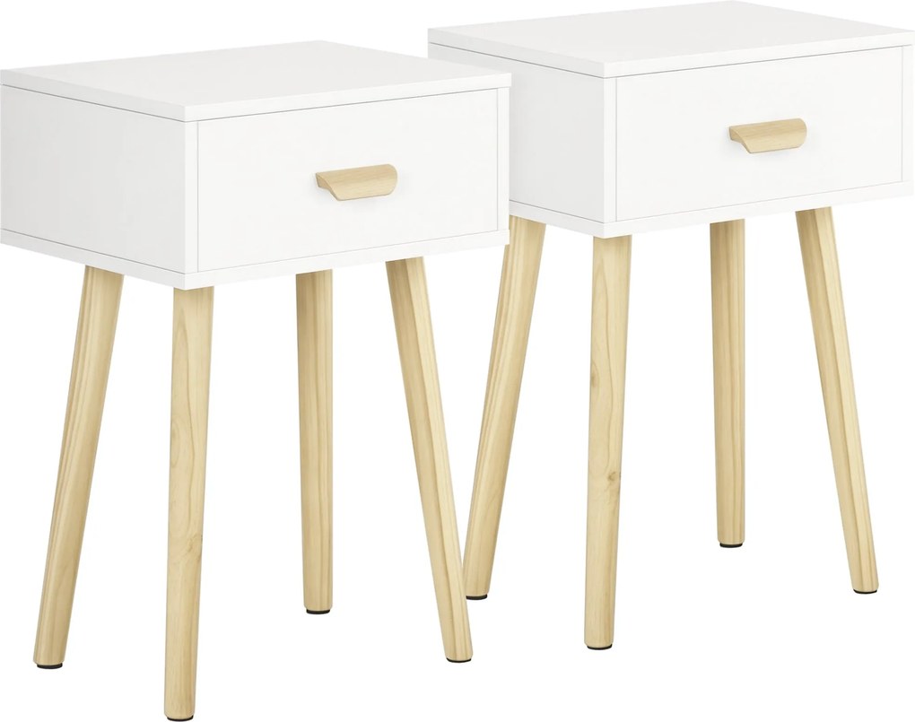 HOMCOM Sada 2 Nočních Stolků se Zásuvkou a Dřevěnými Nohami pro Ložnici, Obývací Pokoj nebo Kancelář, Moderní Styl 40,5x30,5x60 cm Bílá | Aosom