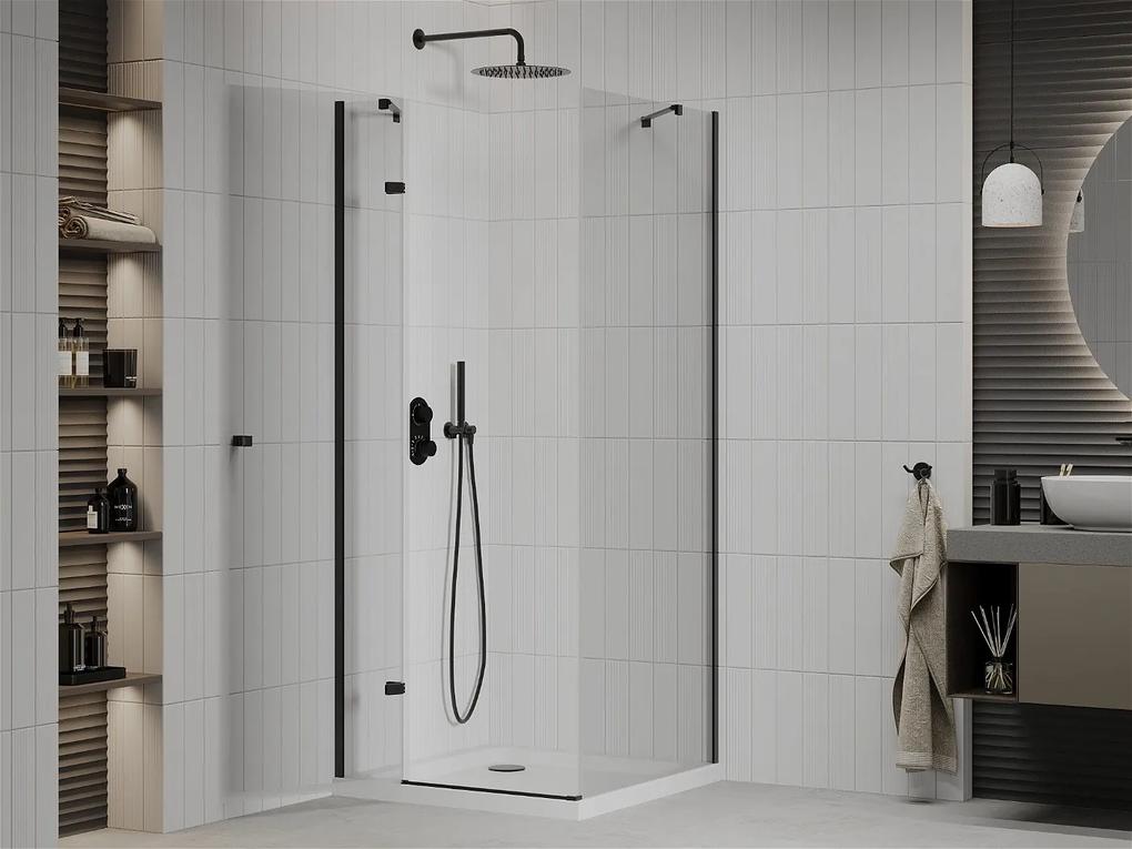 Mexen Roma, sprchový kout s 1-křídlými dveřmi 100 (dveře) x 100 (stěna) cm, 6mm čiré sklo, černý profil, slim sprchová vanička 5cm bílá s černým sifonem, 854-100-100-70-00-4010