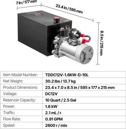 Hydraulický agregát 10 l, Maximální přetlak 22 MPa a průtok 3,4 l/min VEVOR