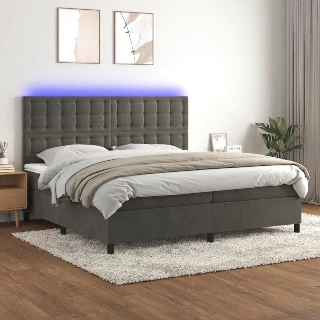 Box spring postel s matrací a LED tmavě šedá 200x200 cm samet,  3136384