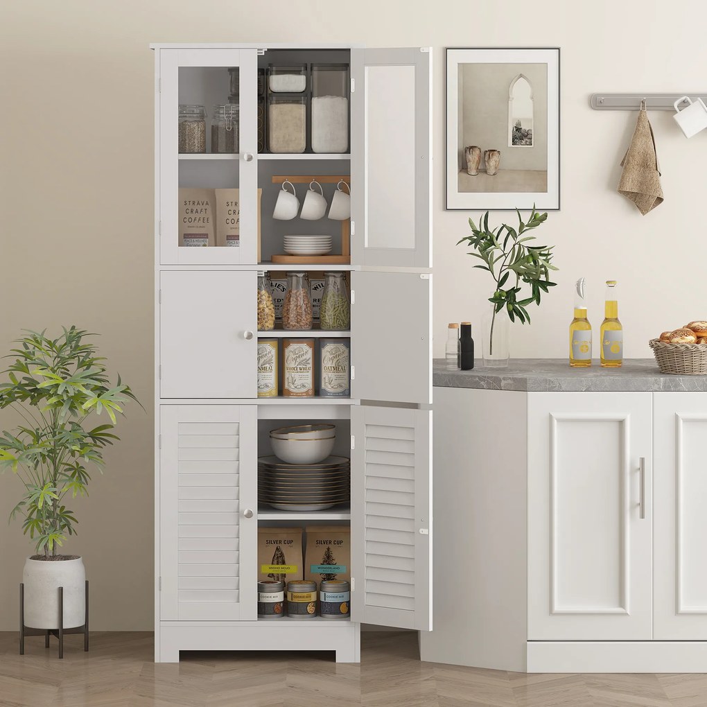 HOMCOM Sloupcový pomocný nábytek do koupelny s 6 dveřmi, nastavitelnými policemi a protiskluzovým designem moderní koupelnová skříň 60x30x170,5 cm bí…