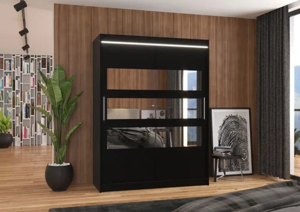 Posuvná skříň se zrcadlem a LED osvětlením FLORENTO 150 černá
