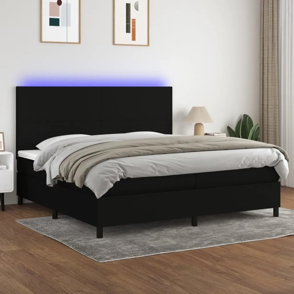 Box spring postel s matrací a LED černá 200x200 cm textil