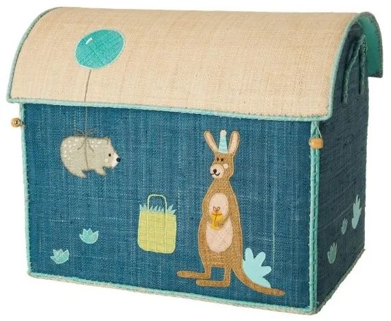 rice Dětský úložný box Raffia Birthday Animals L, modrá barva, multi barva