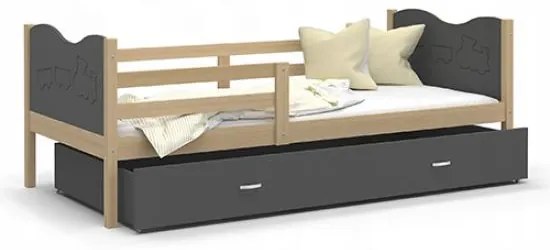 Dětská postel MAX P 80x190cm s borovicovou konstrukcí v šedé barvě s motivem vláčku