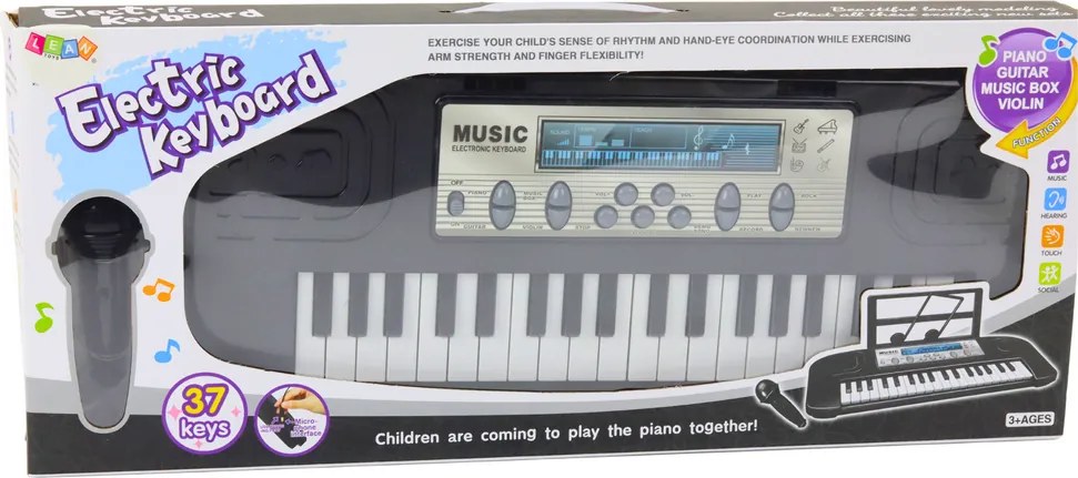 LEAN Toys Dětské elektrické piano s 37 klávesami, stojanem a mikrofonem, melodie, černé
