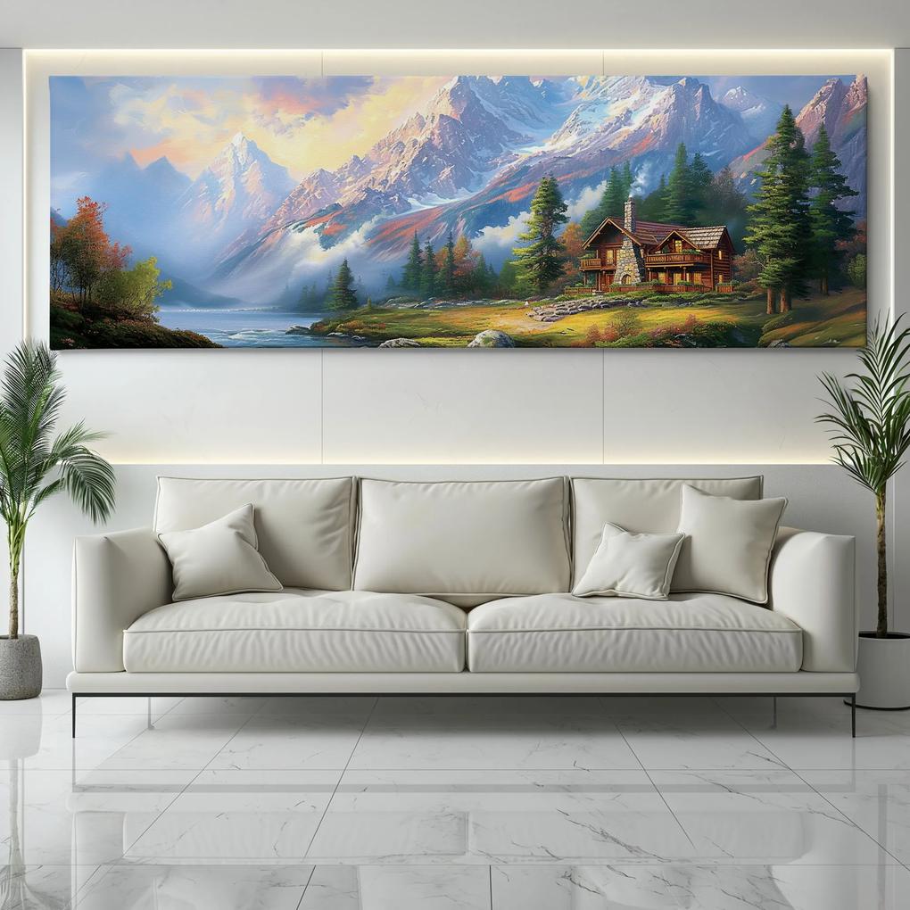 Obraz na plátně - Kouzelná chata v údolí hor FeelHappy.cz Velikost obrazu: 60 x 20 cm