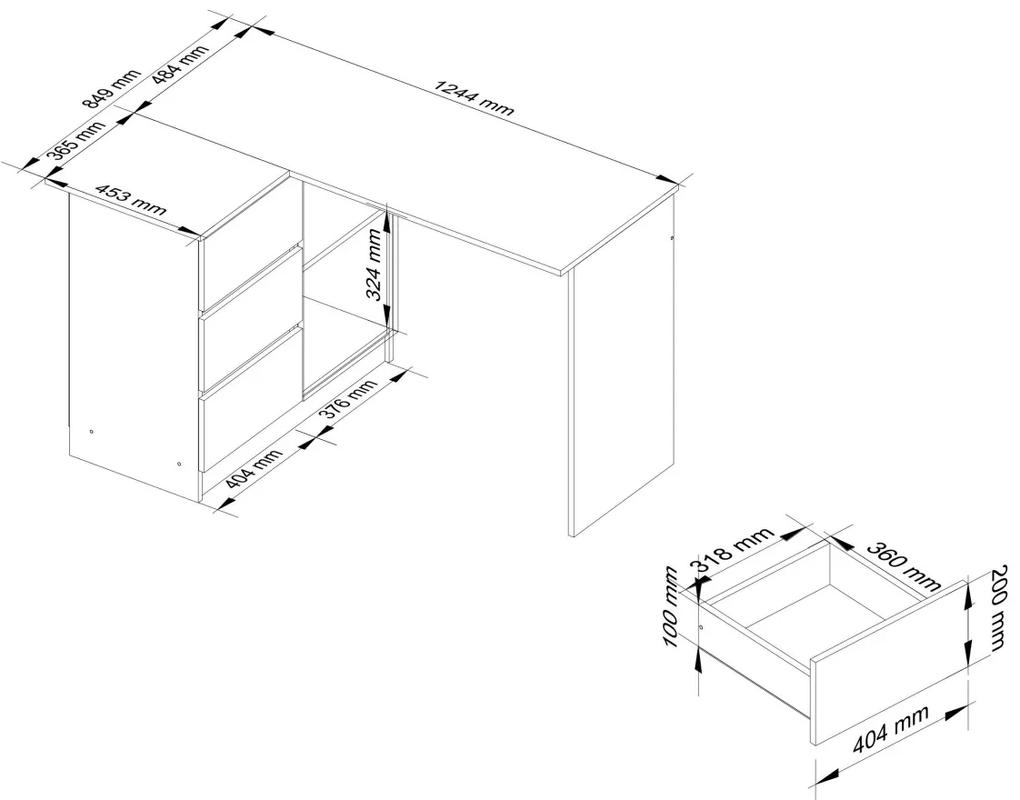 Rohový psací stůl B16 124 cm bílý/šedý levý