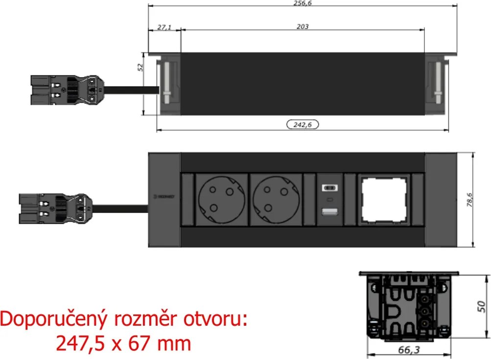 IBConnect Vestavná zásuvka INTRO černá - různé konfigurace Konfigurace elektrozásuvky: 3x230V + Modul