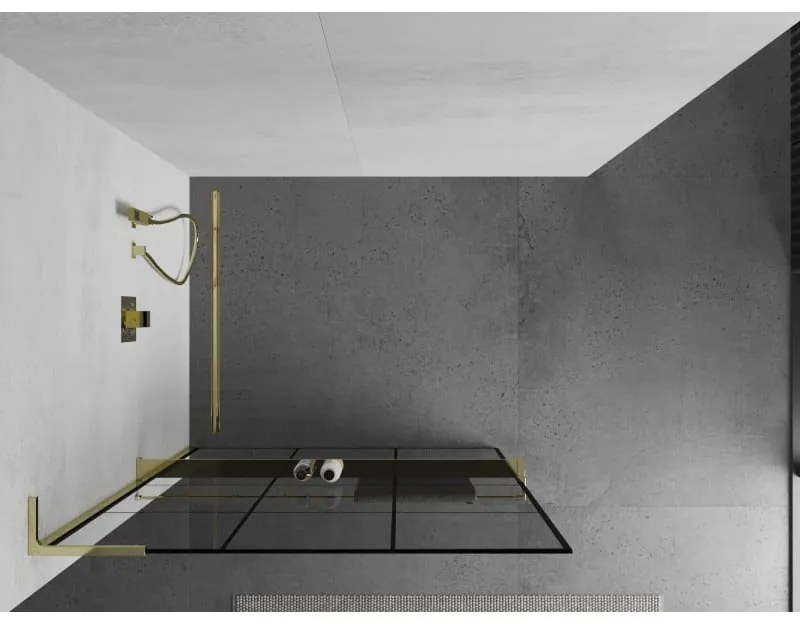 Mexen Kioto+ L, sprchová zástěna Walk-In s poličkou a věšákem 100 x 200 cm, 8mm čiré sklo černý vzor, zlatý lesklý profil, 800-100-123-50-77