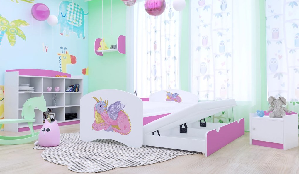 Svět pokojů Dětská postel Kevin pro dvě děti - růžový dráček + matrace zdarma Barva: Bílá, Rozměr: 160x80 cm, Zábrana: NE