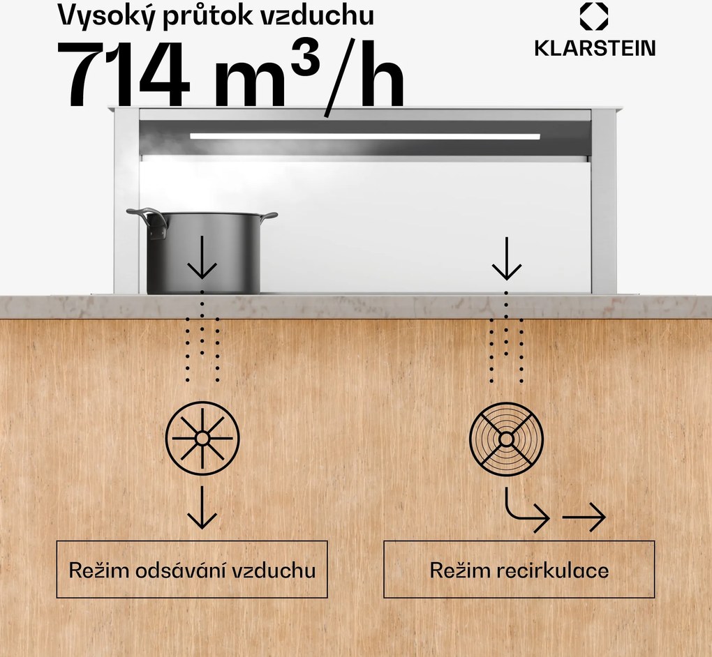 Klarstein Digestoř Royal Flush Eco, Výsuvnýá, 714 m³/h, Boost, Dotykové ovládání, EEK A++