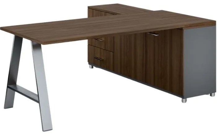 B2B Partner Rohový kancelářský psací stůl PRIMO STUDIO, skříňka vlevo, 1800 x 800 mm, šedá / ořech