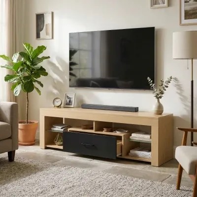 HOMCOM TV nízká komoda pro televizi až 65 palců, moderní televizní skříňka s nastavitelnými skleněnými policemi, dub