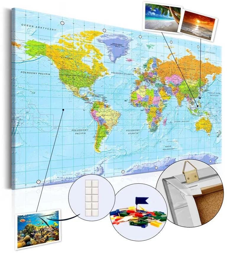Jednodílná mapa světa na korku - státy + háčky, hřebíčky, pin-vlajky, lepicí guma ZDARMA Velikost (šířka x výška): 120x80 cm