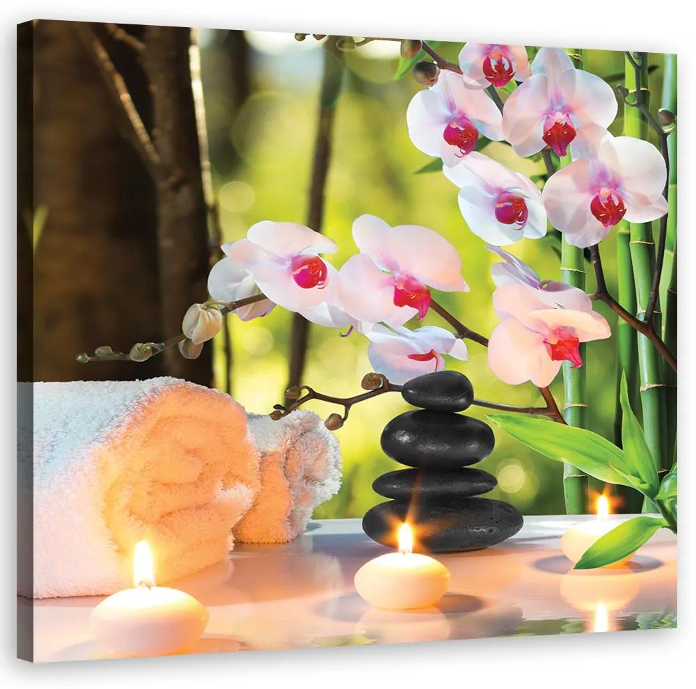 Obraz na plátně, Lázeňské svíčky a květy orchidejí - 60x60 cm