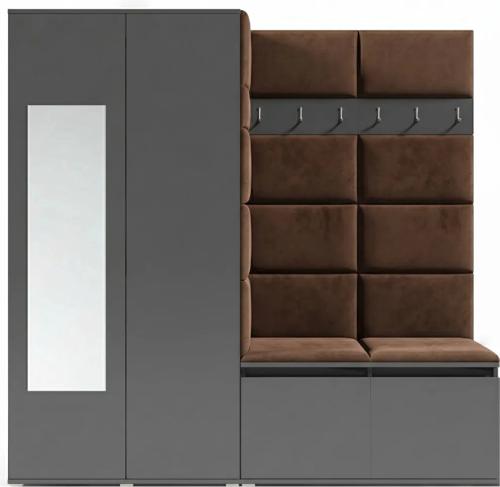 Předsíňová stěna Trinity 8 s čalouněnými panely, 190 cm, grafit/ hnědá