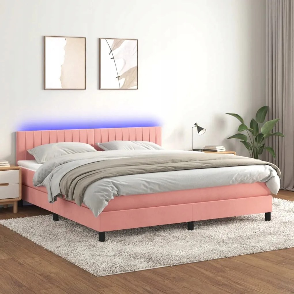 Box Spring Postel S Matrací A Led Samet Růžová Svislé pruhy 180 x 200 cm