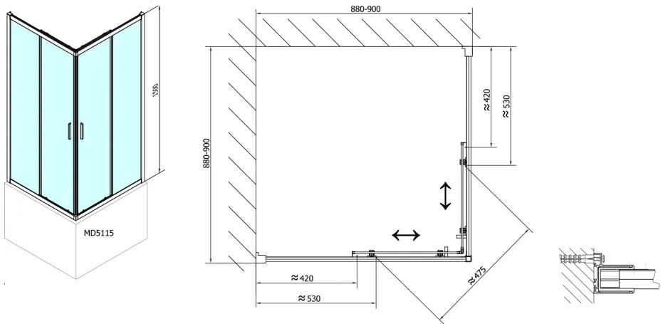 Polysan CARMEN čtvercová sprchová zástěna 900x900x1500mm, čiré sklo MD5115